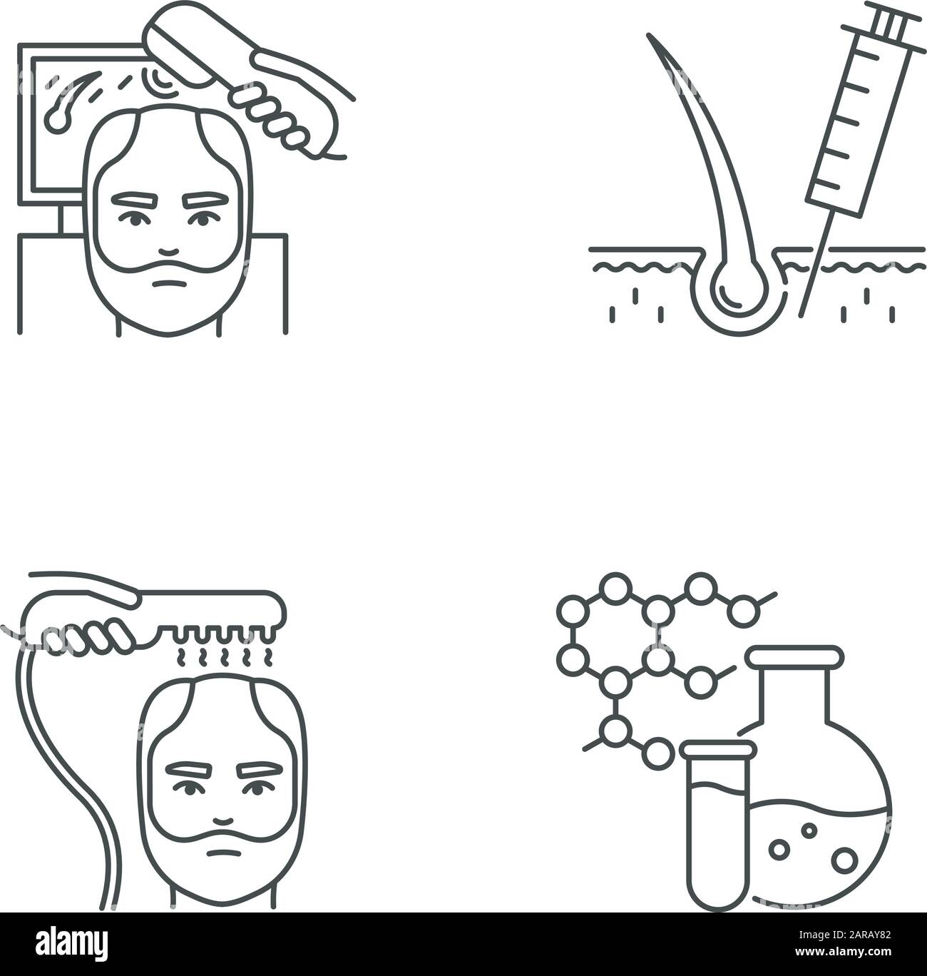 Hair loss pixel perfect linear icons set. Laser therapy. Medical ...