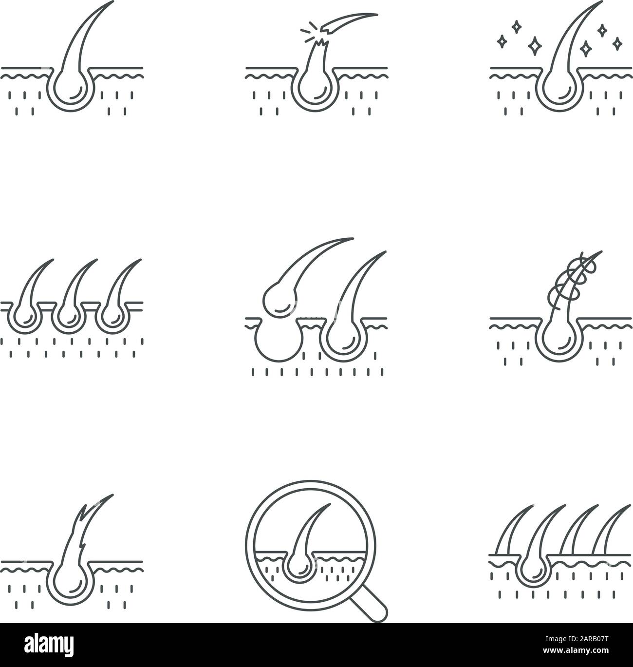 Hair loss pixel perfect linear icons set. Damaged hair, unhealthy roots ...