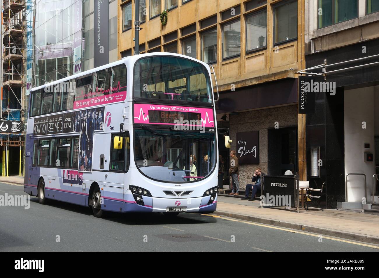 LEEDS, UK - JULY 11, 2016: People ride FirstLeeds double decker bus in ...