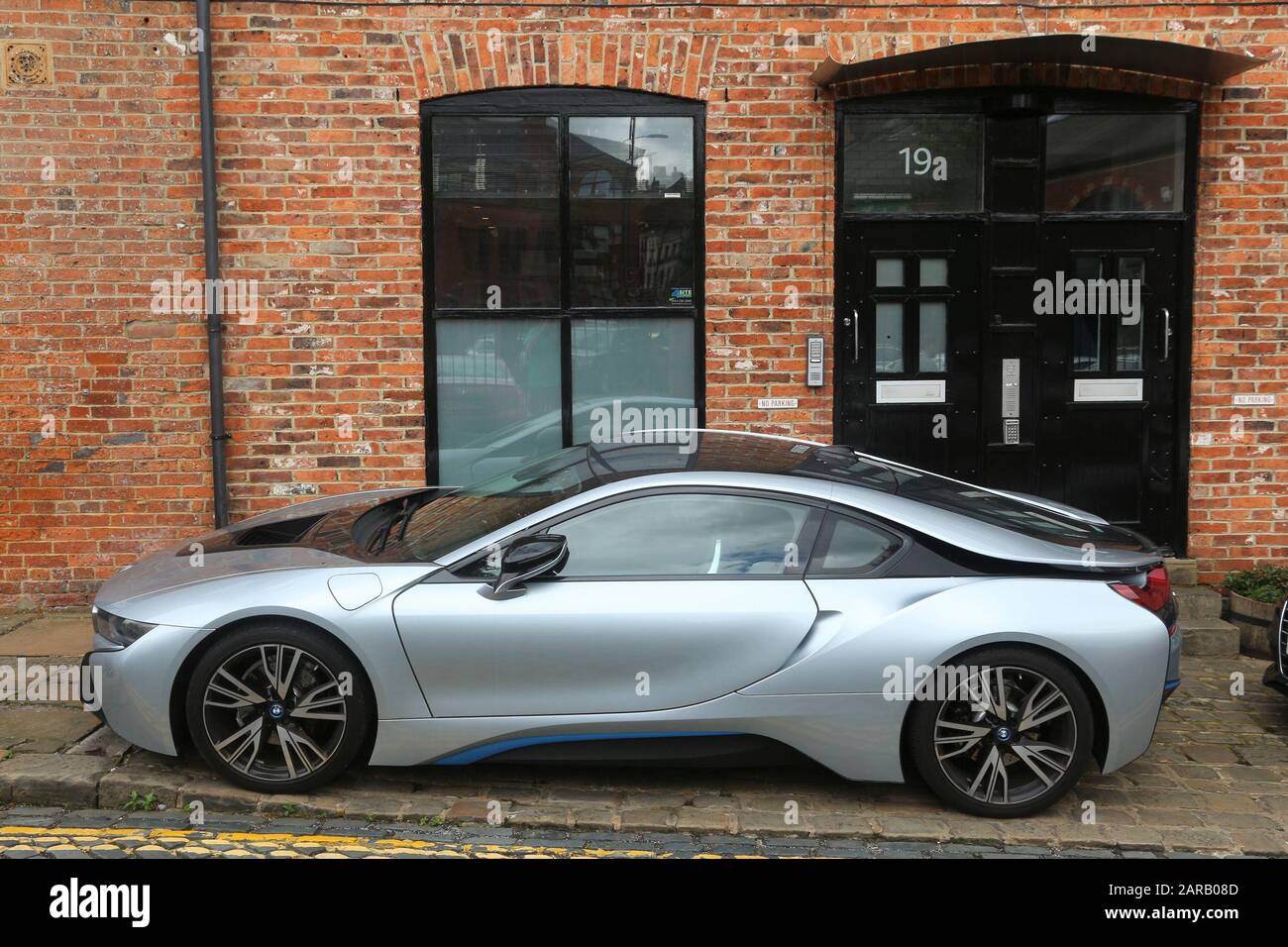 LEEDS, UK - JULY 11, 2016: BMW i8 luxury sports car parked in Leeds, Yorkshire, UK. There were ...