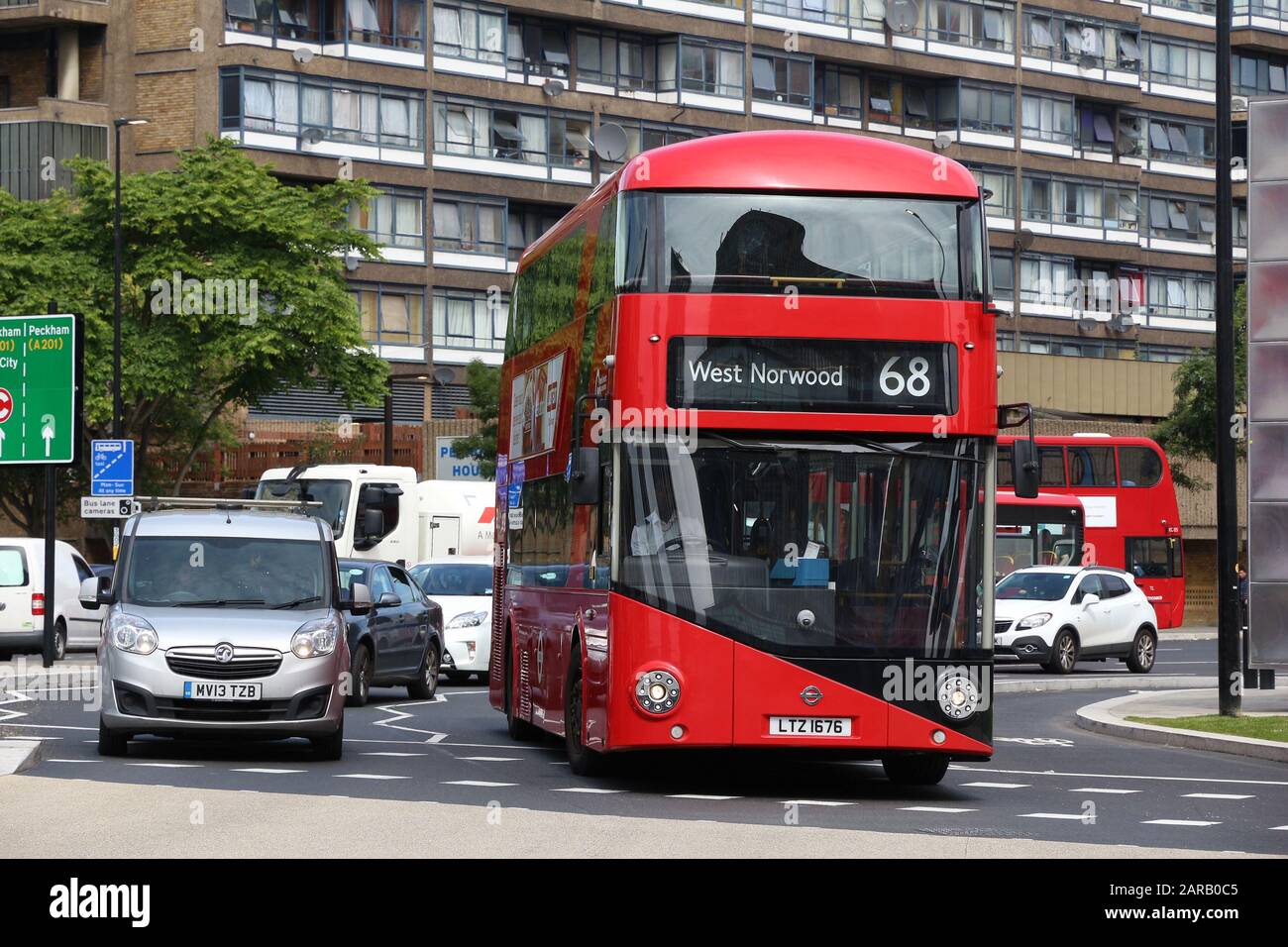 LONDON, UK - JULY 7, 2016: New Routemaster bus in London. The hybrid ...