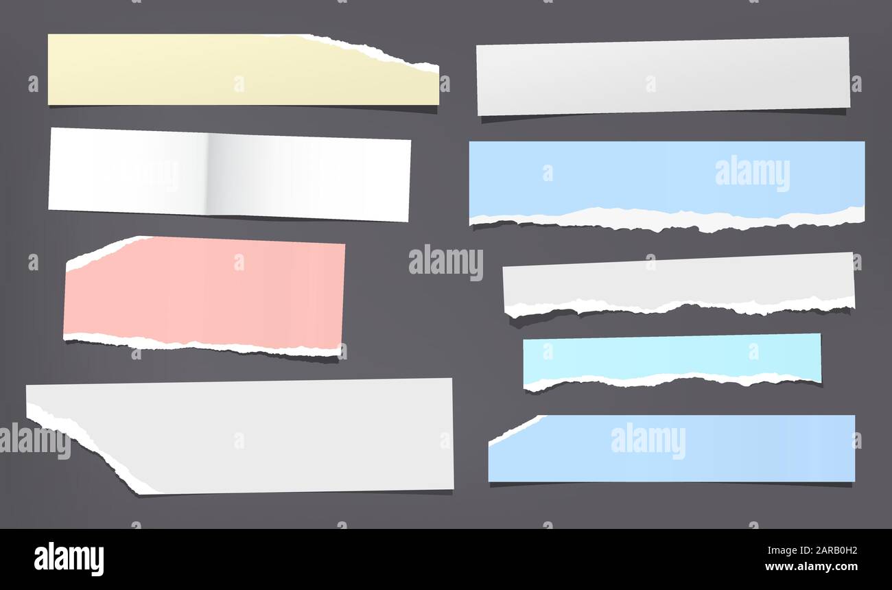 Set of torn white and colorful note, notebook paper strips and pieces ...