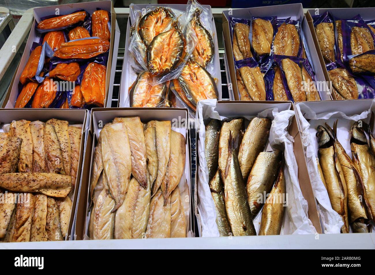 Smoked fish fillets at Billingsgate Fish Market in Poplar, London, UK ...