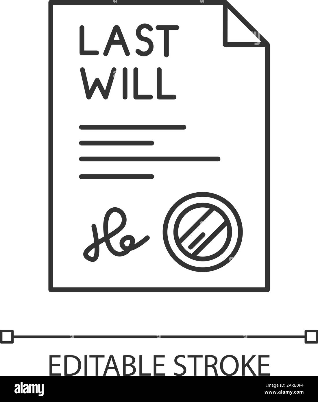 Signed last will pixel perfect linear icon. Document with stamp ...