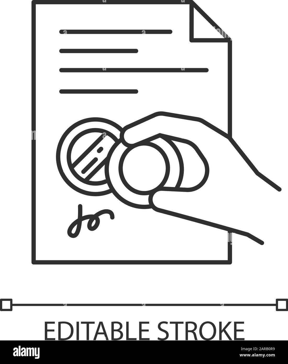 Hand with stamp pixel perfect linear icon. Certificate. License ...