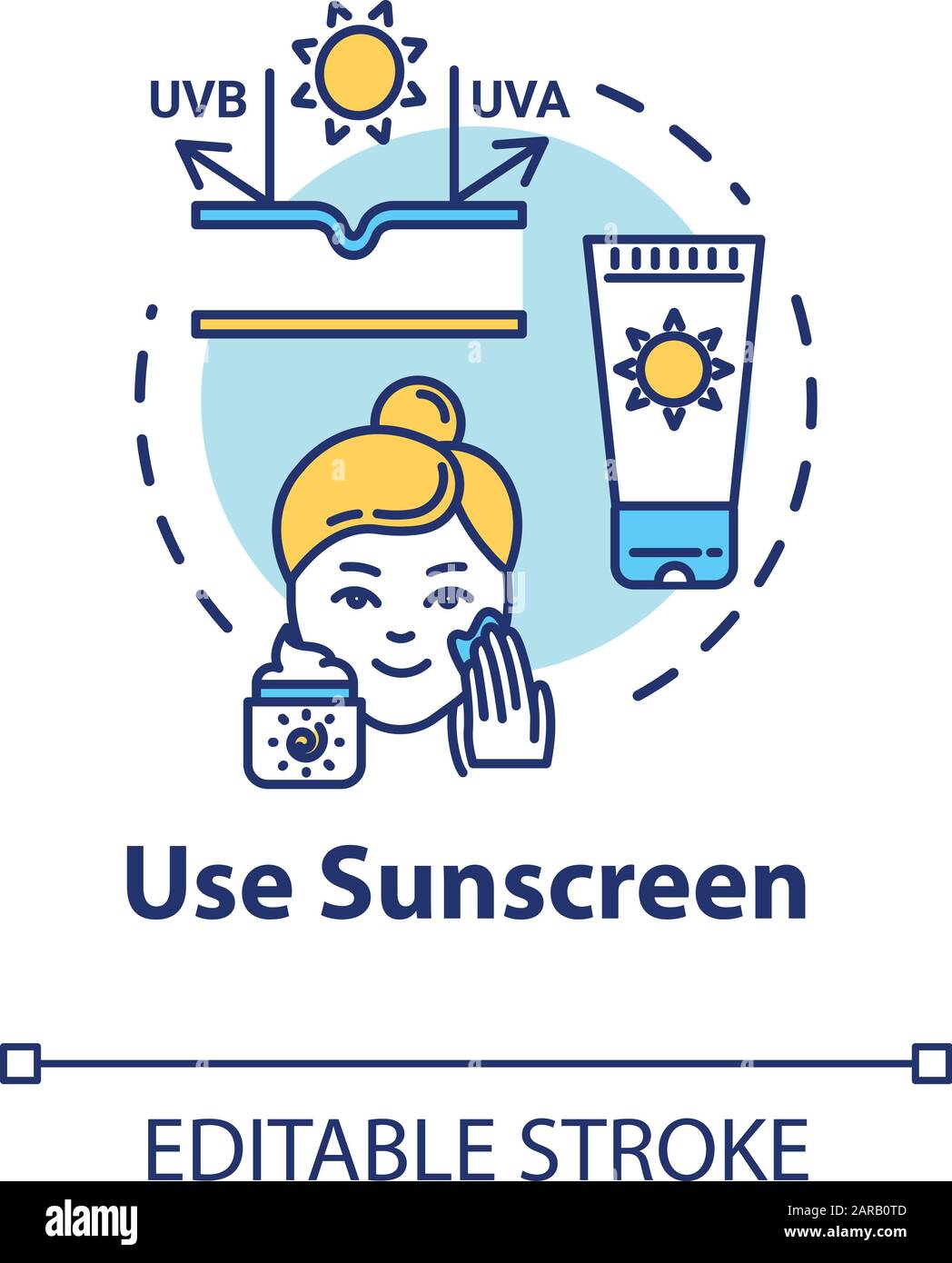 Use sunscreen, sun protection concept icon. Facial skin care, sunblock ...