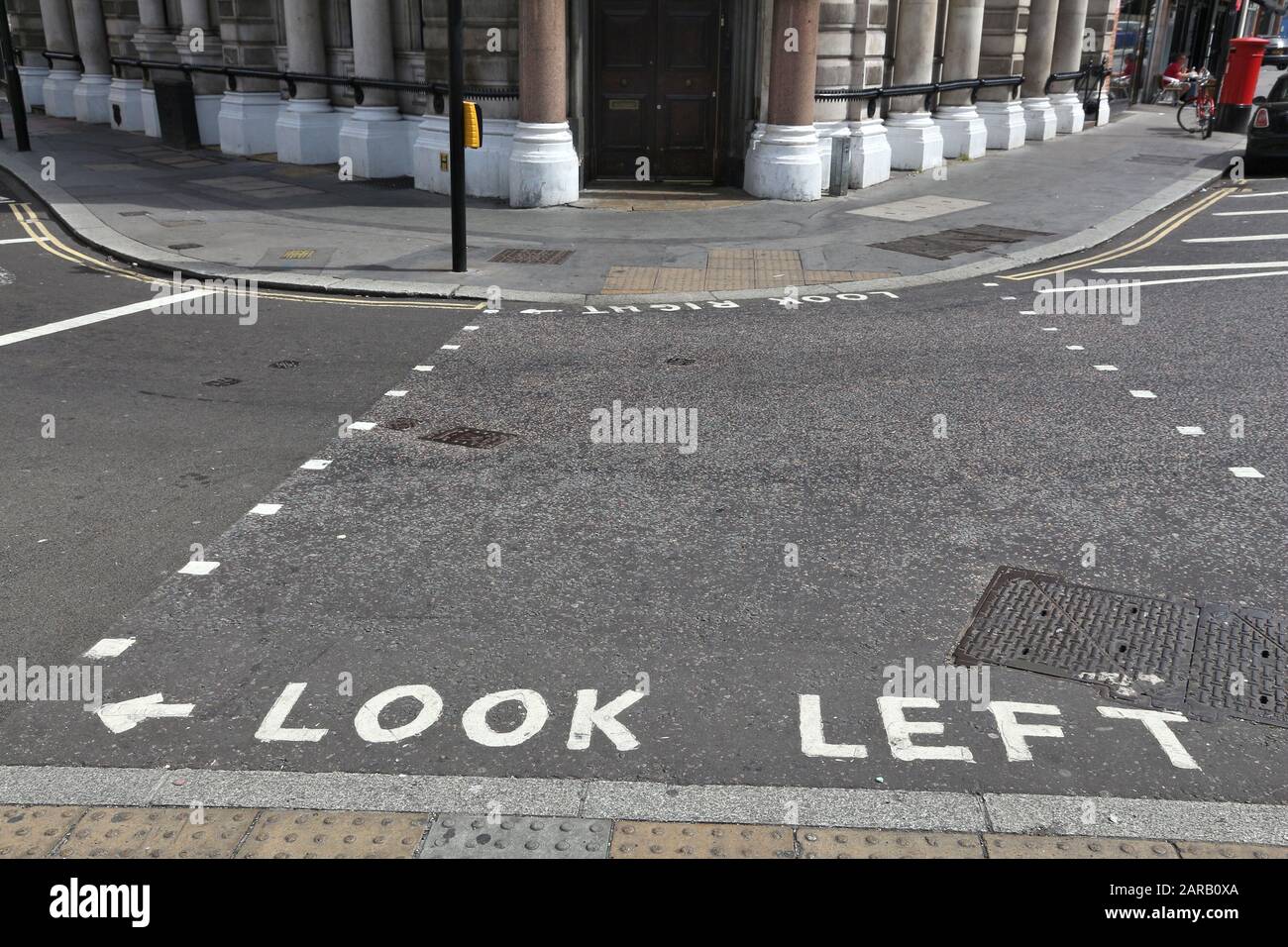 London pedestrian signs - look left and look right. Traffic warning ...