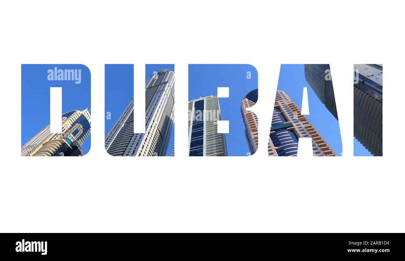Dubai, UAE - city name travel sign with photo in background Stock Photo ...
