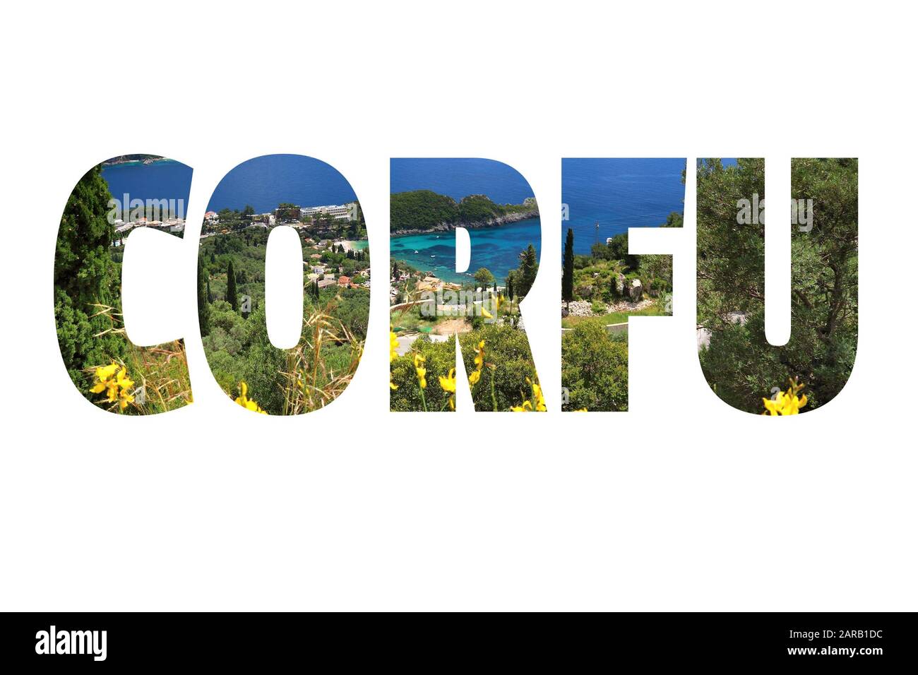 Corfu sign - Greek island name with background travel postcard photo ...