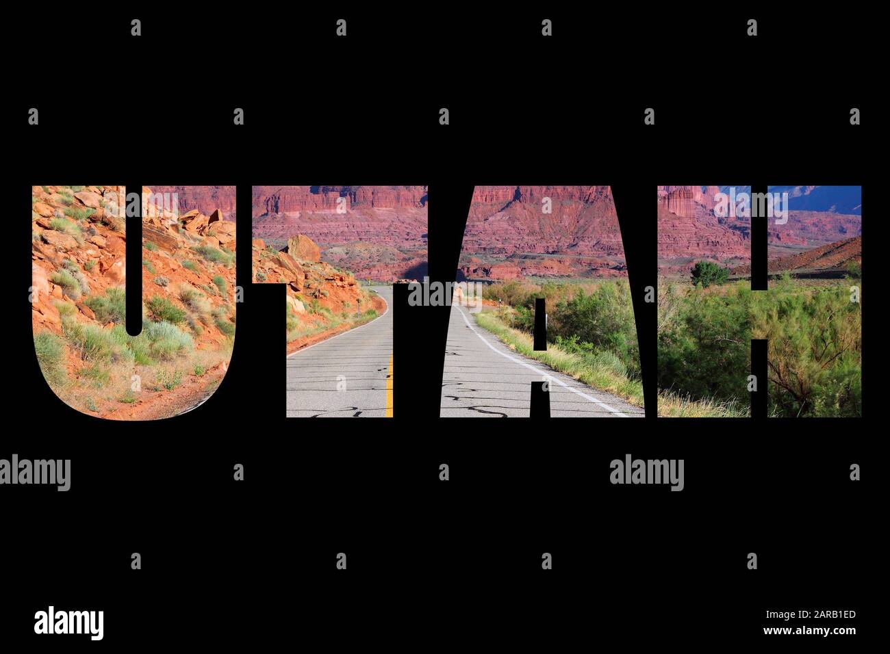 Utah sign - US state name isolated on black with background landscape ...