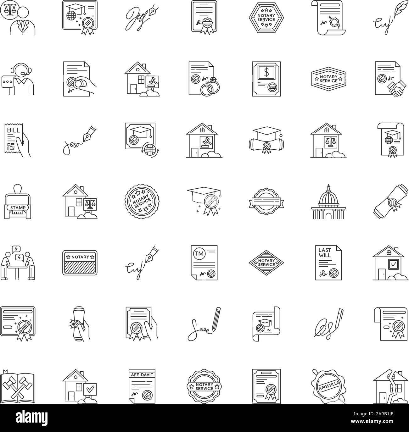 Notary services pixel perfect linear icons set. Apostille and ...