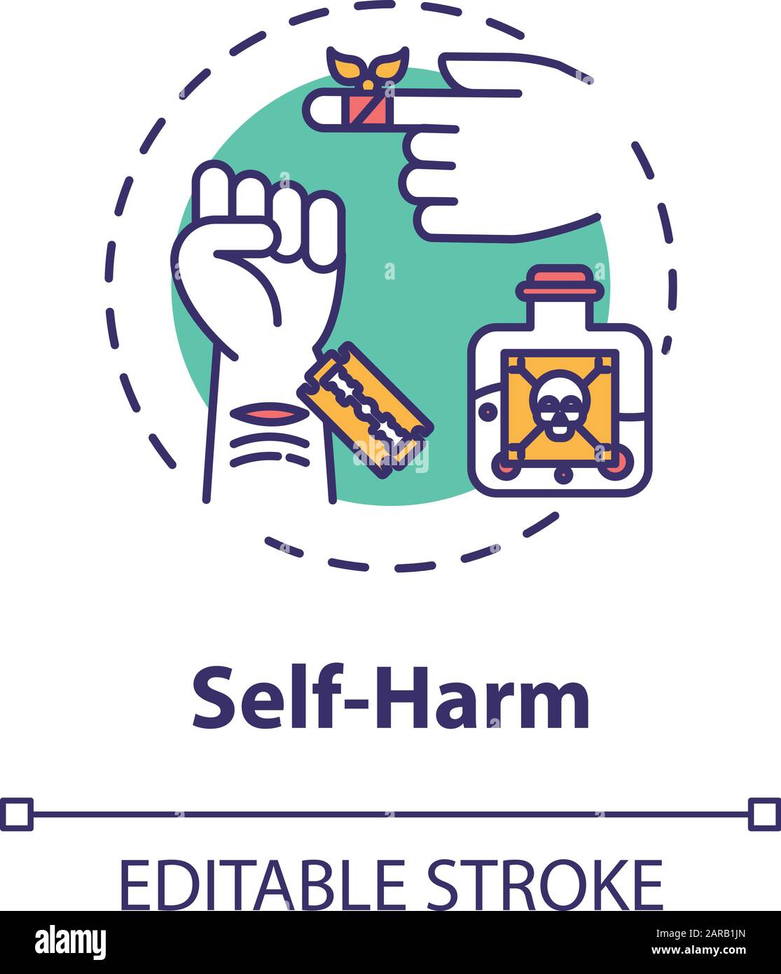 Self harm concept icon. Masochism. Self-injury and substance abuse ...