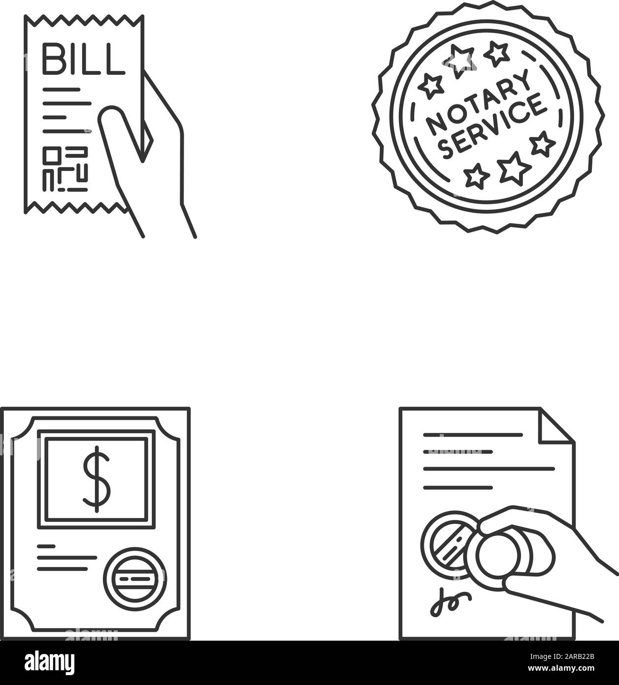 Notary services pixel perfect linear icons set. Stock certificate. Bill ...