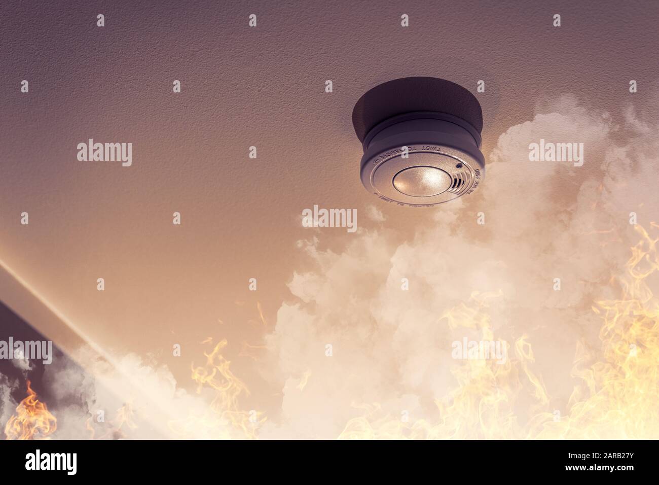 home safety - smoke detector on ceiling detecting house fire Stock ...
