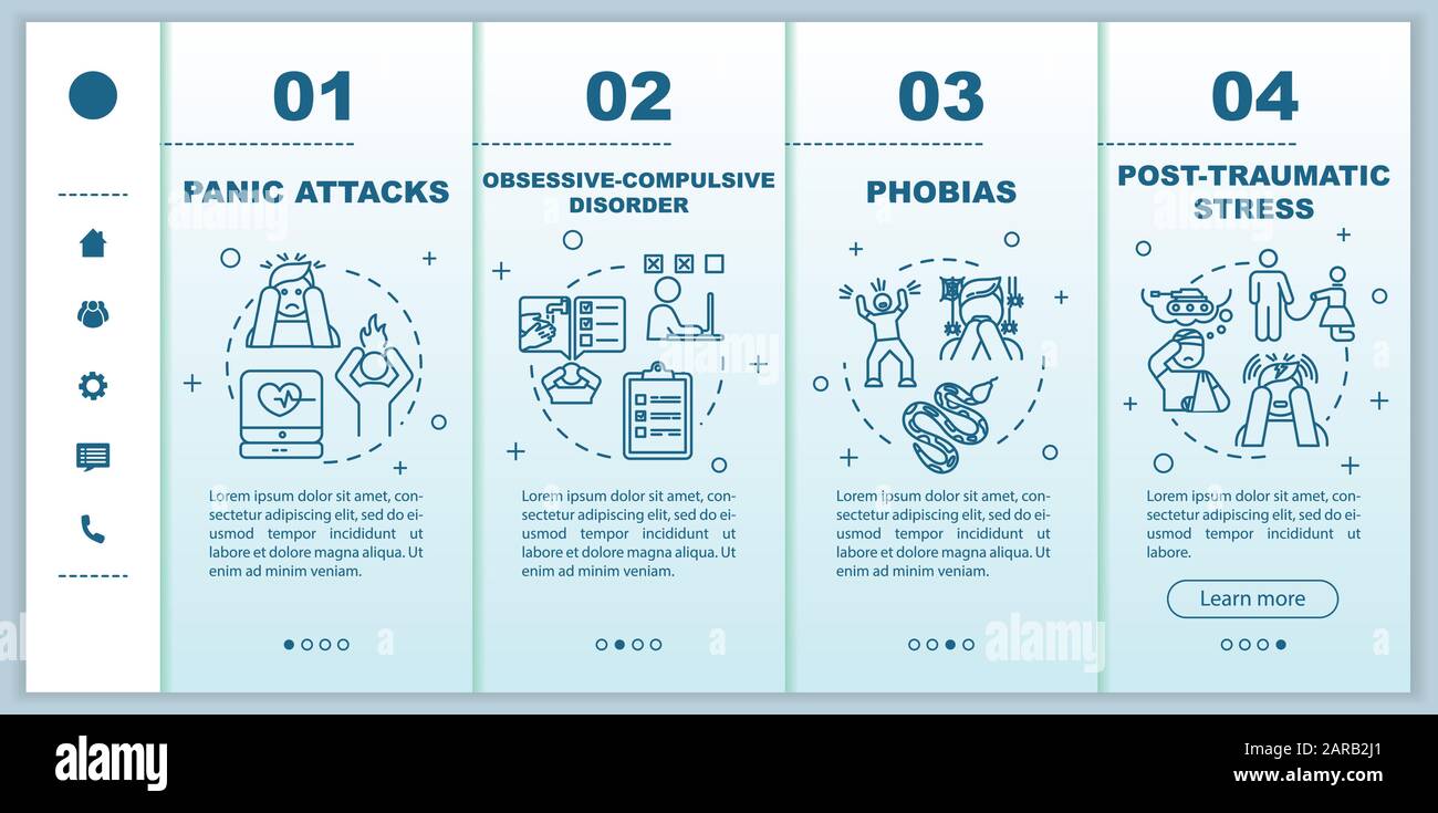 Mental disorders onboarding vector template. Psychological diseases. Panic attacks. obsessive ...