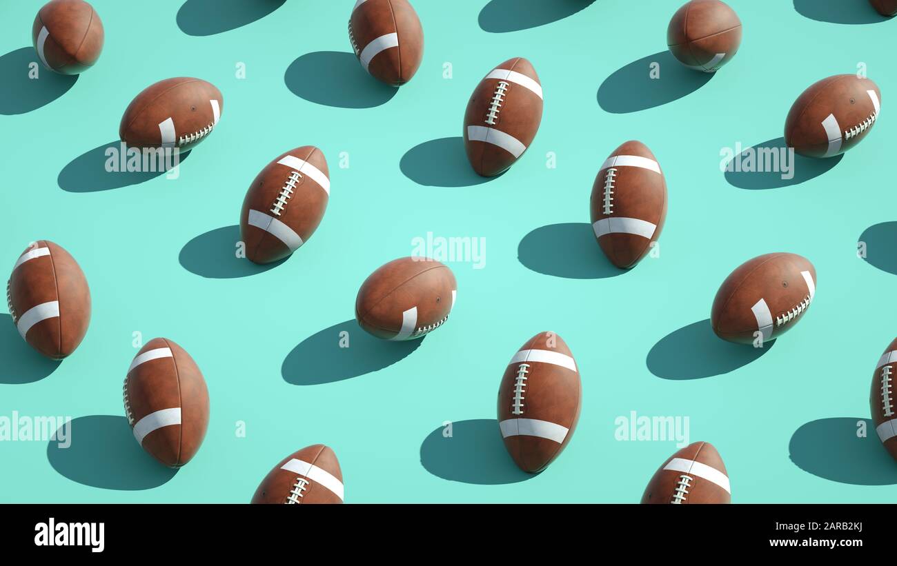 Multiple random american football ball on a colored background - 3d ...