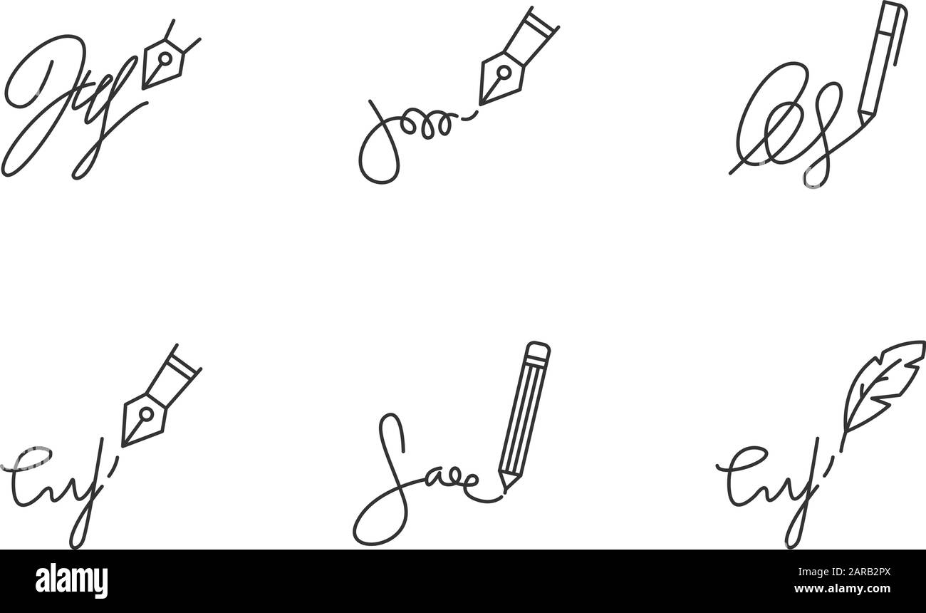 Signatures pixel perfect linear icons set. Handwriting. Autograph ...