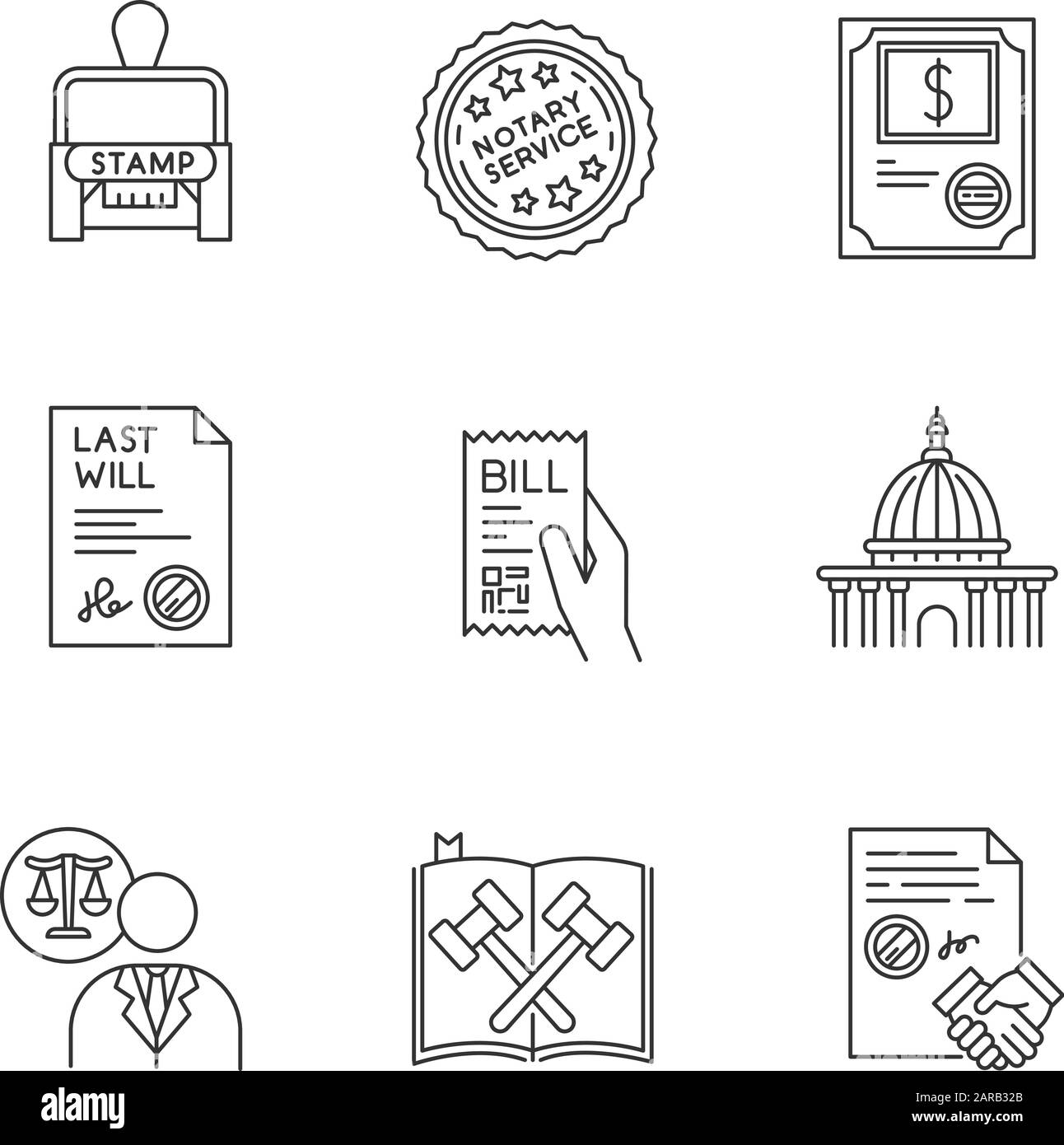 Notary services pixel perfect linear icons set. Stock certificate ...