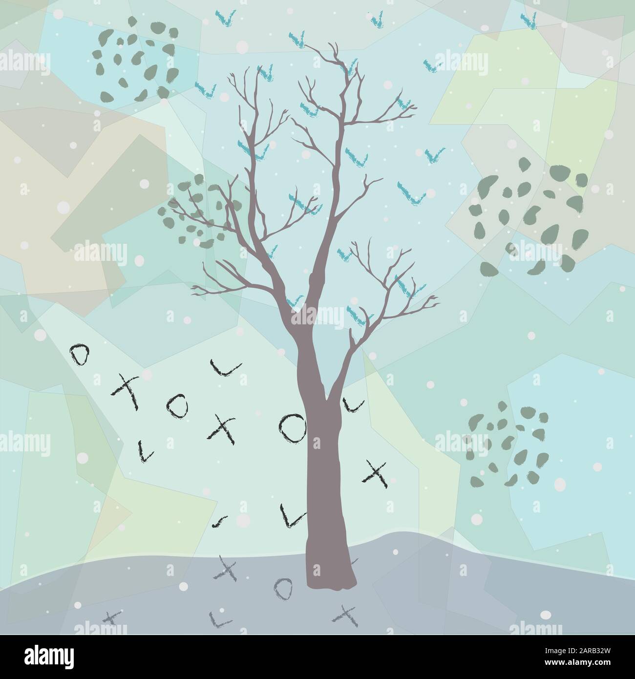 Winter Tree on a cold looking background with mountains and snowy sky ...