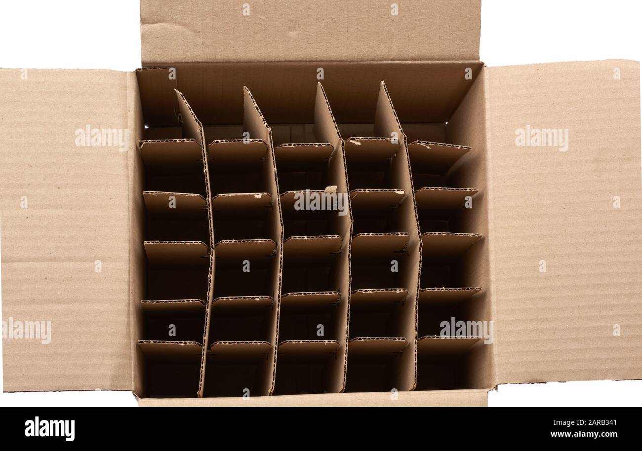 open empty cardboard box with partitions for transporting broken items ...