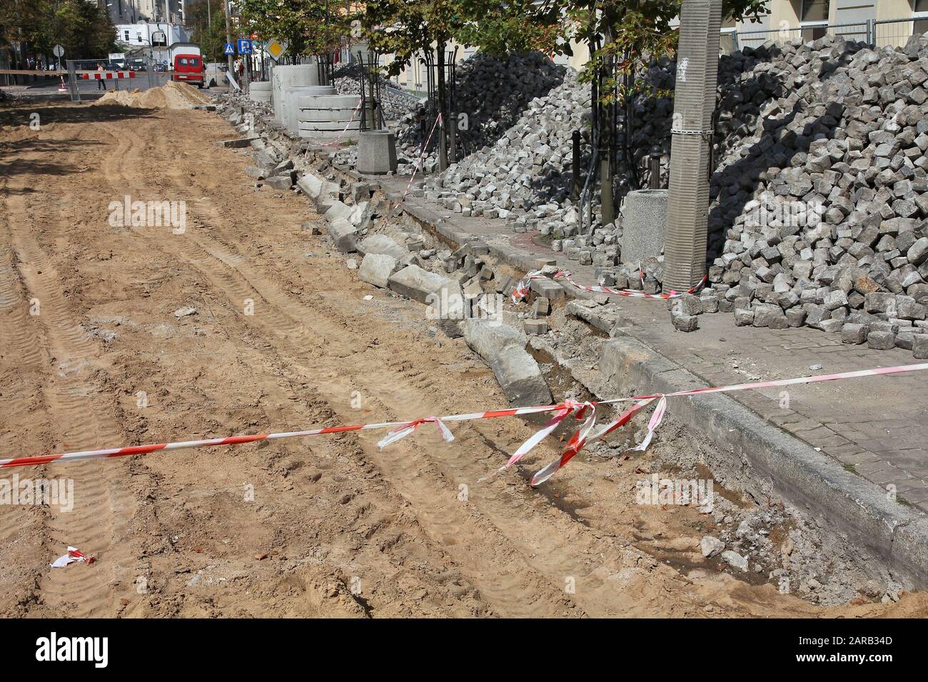 Road works in Poland - old cobblestone road renovation in Bialystok ...