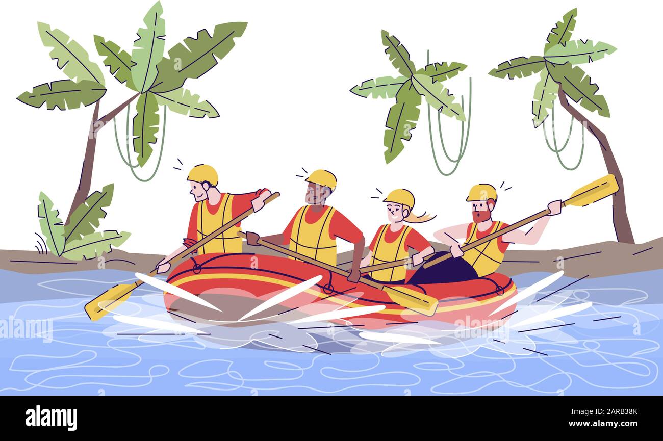 Jungle river rafting flat doodle illustration. People in raft. Water ...