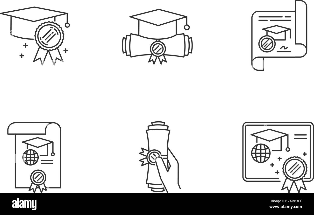 Diploma pixel perfect linear icons set. School certificate. Academic ...