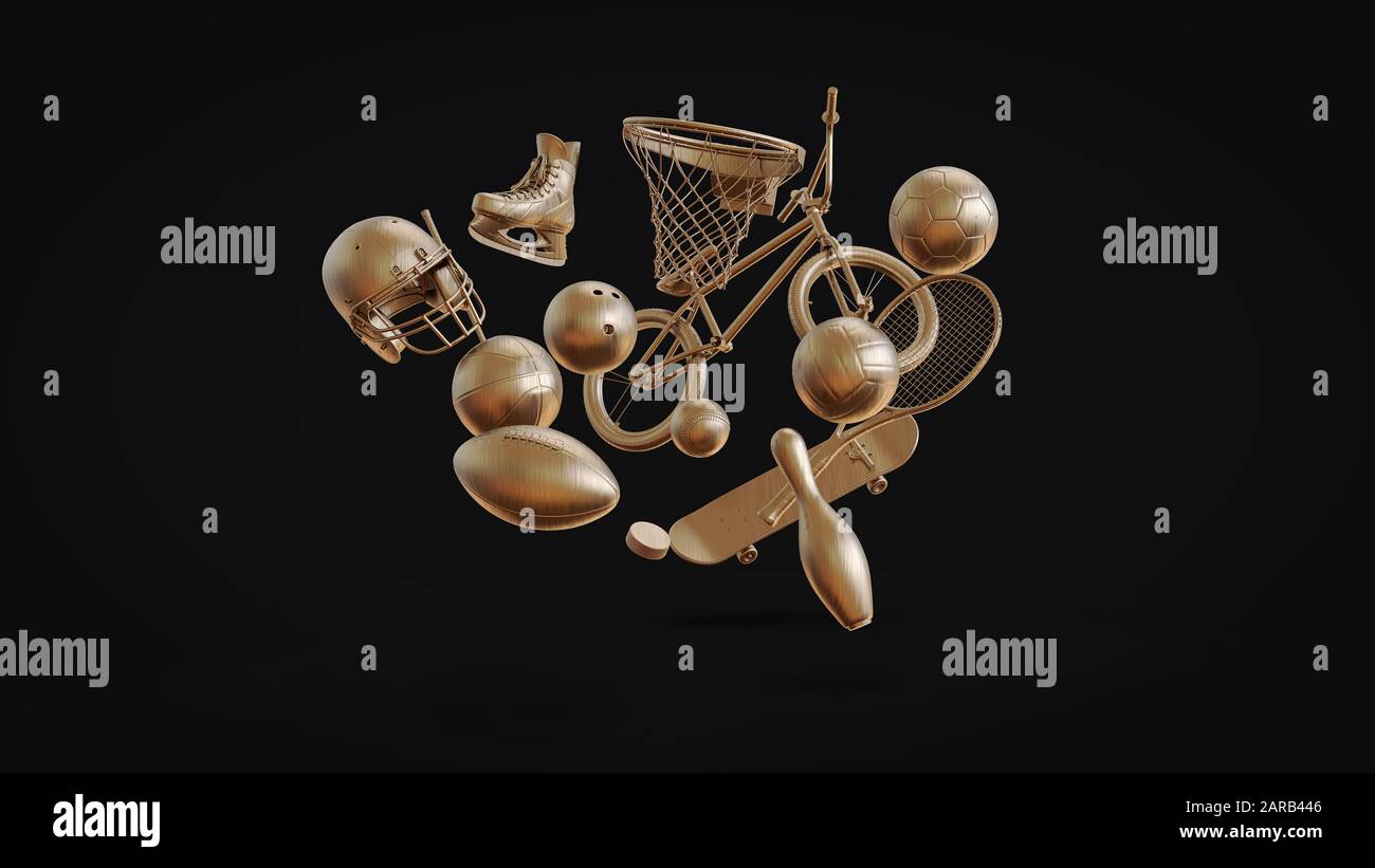 Random gold sports equipments on black background. Minimalist 3D ...