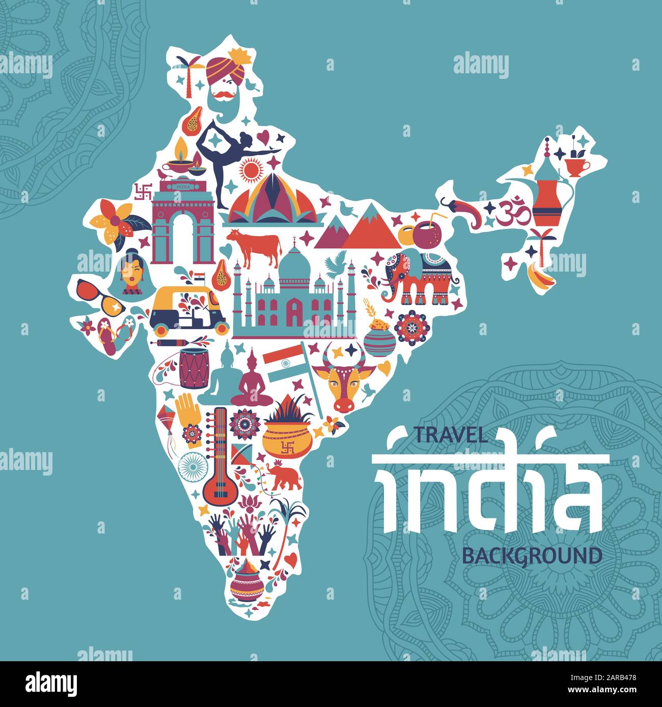 Traditional symbols in the form of a map of India on blue Stock Vector ...