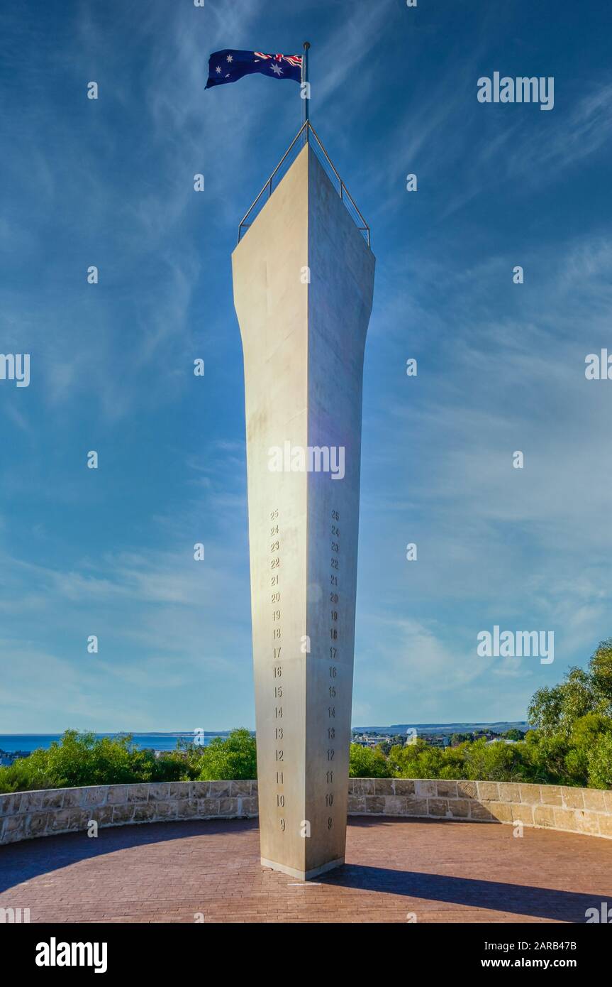 Australian flag atop the sculptured prow of HMAS Sydney 11 at the ...