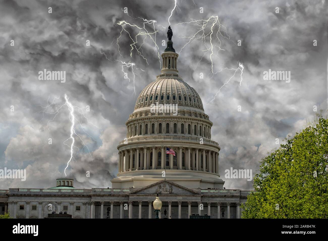 lightning on Washington DC Capitol dome view from the mall Stock Photo ...