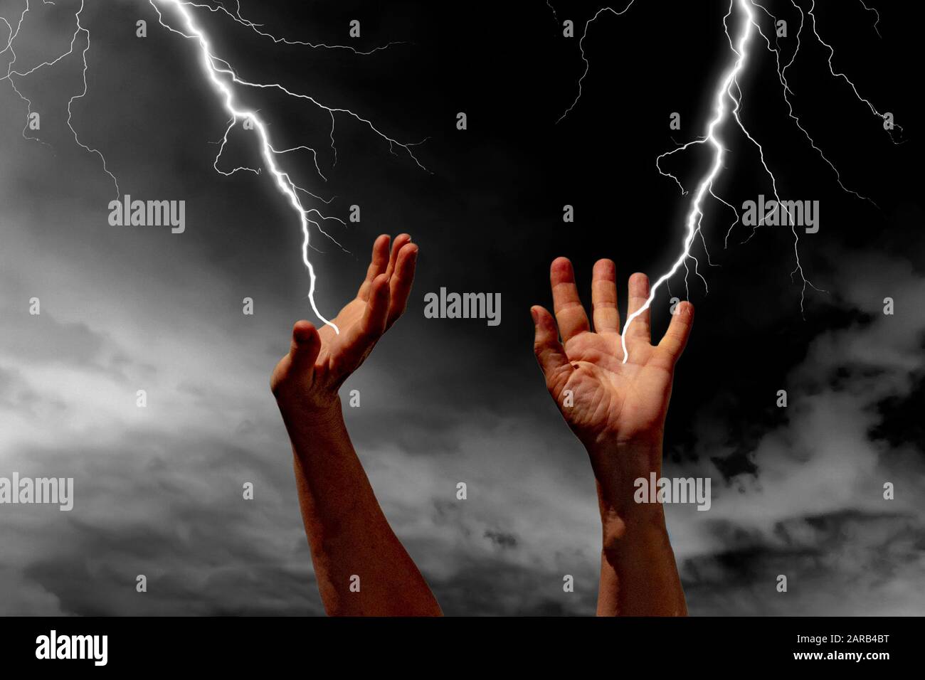hands of god with lightning on cloudy sky background Stock Photo - Alamy