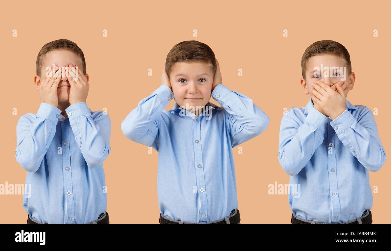 little child boy on beige background. I see nothing, hear nothing ...