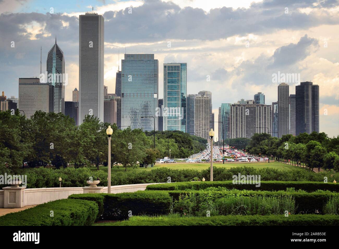 Chicago skyline seen from Grant Park. Sunset city view Stock Photo - Alamy