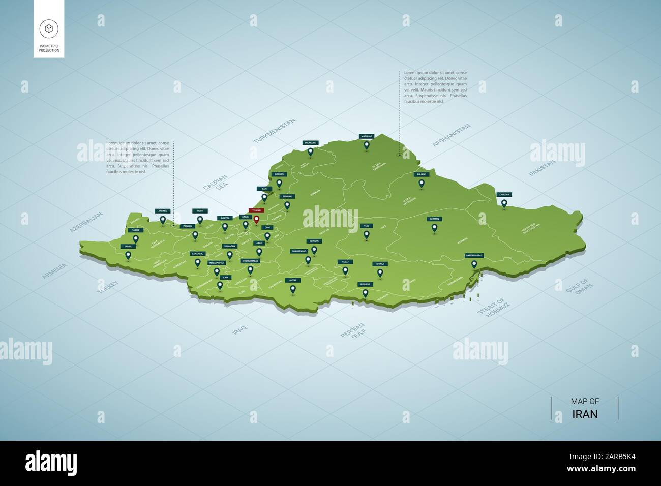 Stylized map of Iran. Isometric 3D green map with cities, borders ...