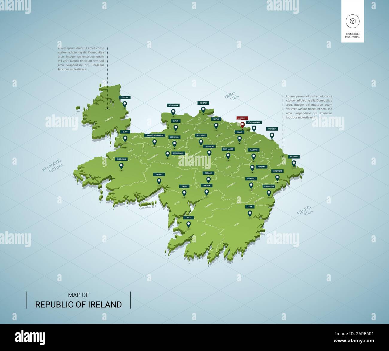 Stylized map of Ireland. Isometric 3D green map with cities, borders ...