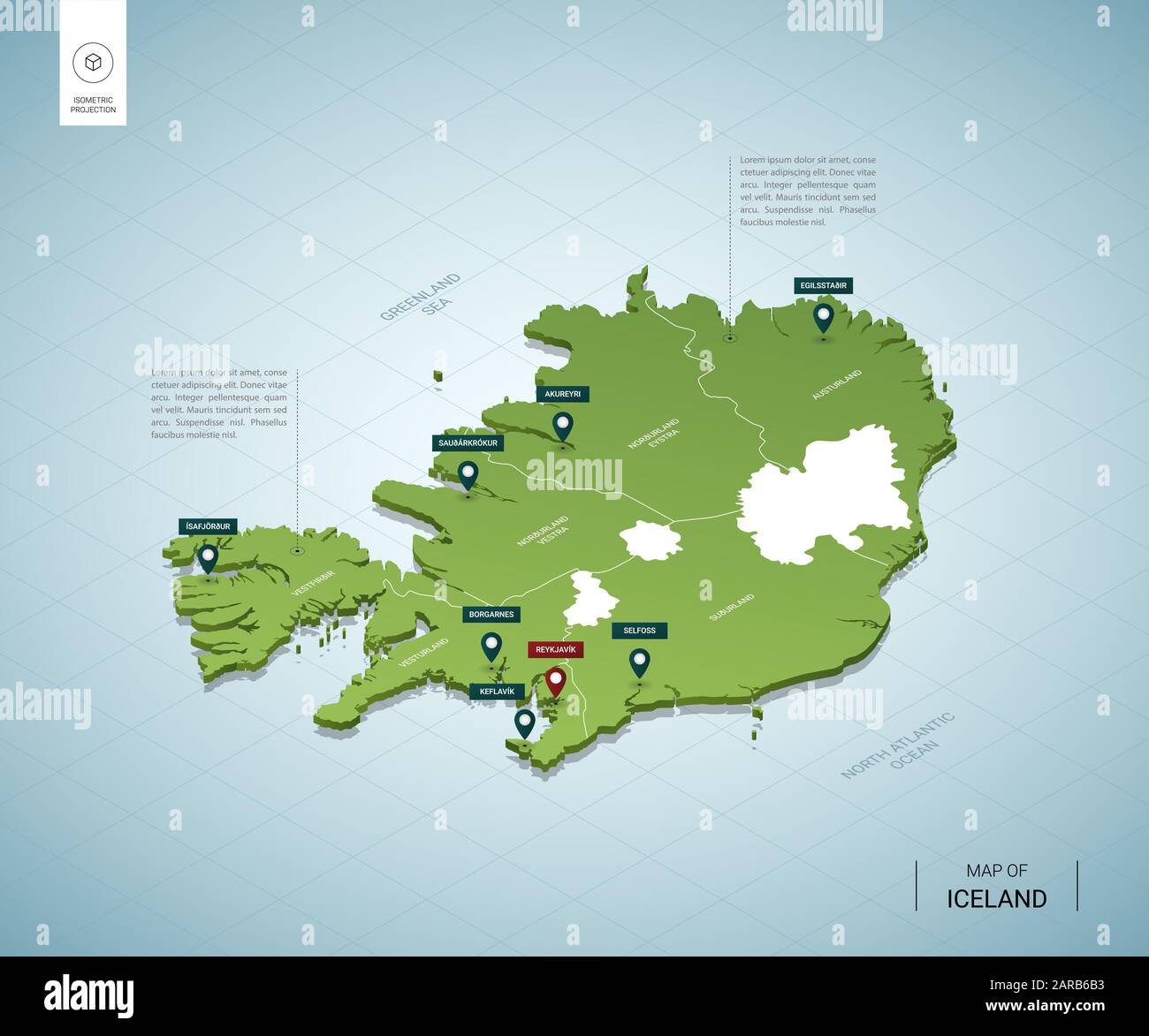 Stylized map of Iceland. Isometric 3D green map with cities, borders ...