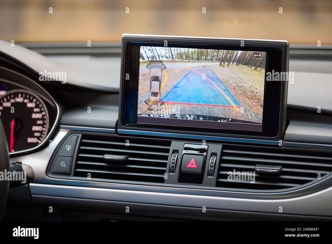 Interior of premium car with rearview camera dynamic trajectory turning ...