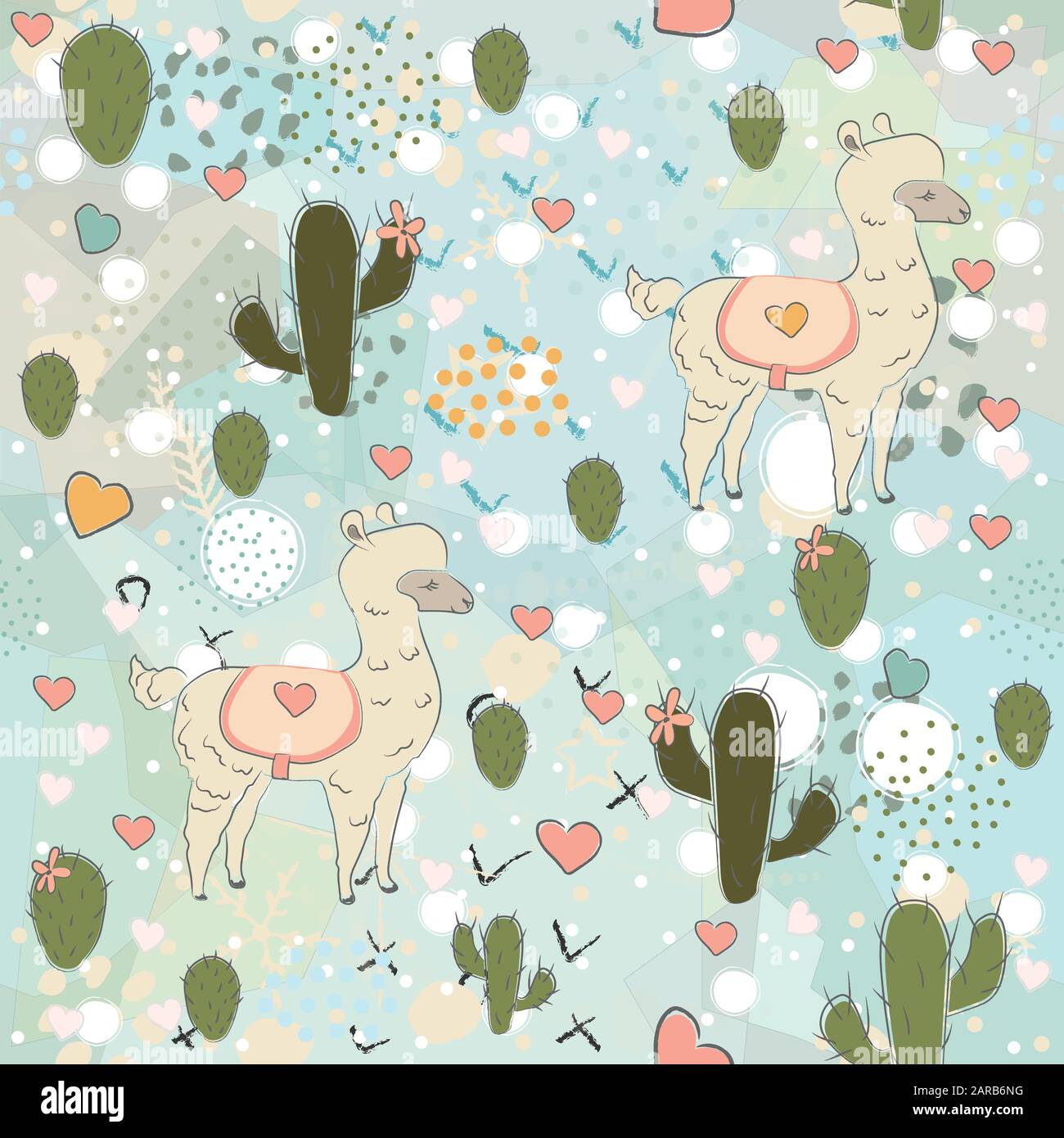 Seamless Alpaca Pattern with cacti, hearts and dots on dark background ...