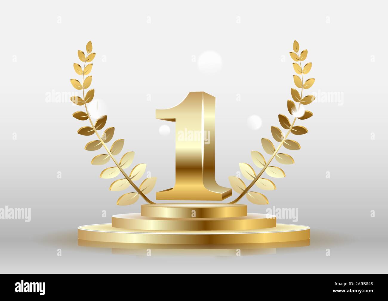 Winner round pedestal with golden number one symbol, laurel wreath and ...