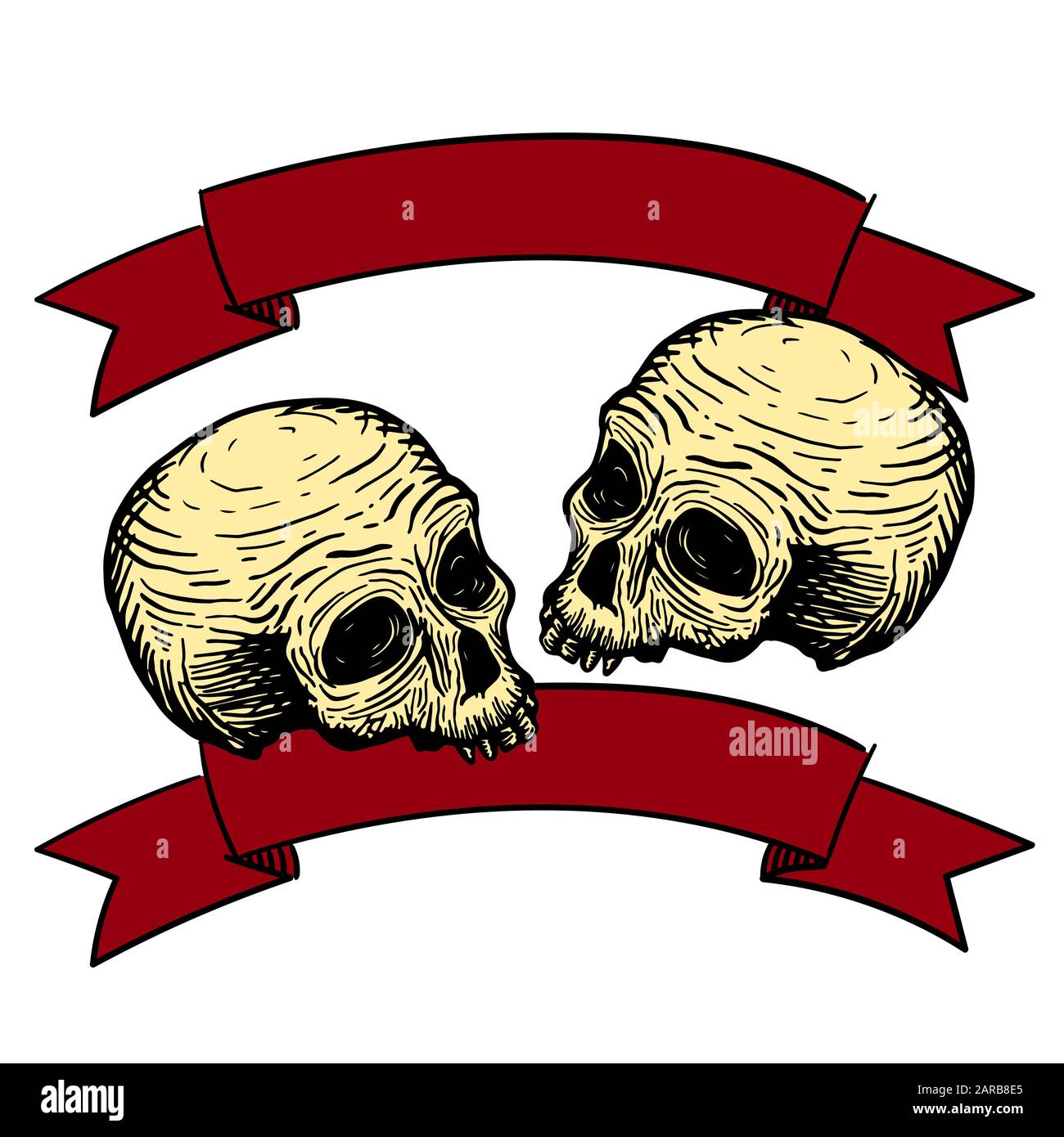 two skulls with ribbon for text. Vector hand drawing illustration Stock ...