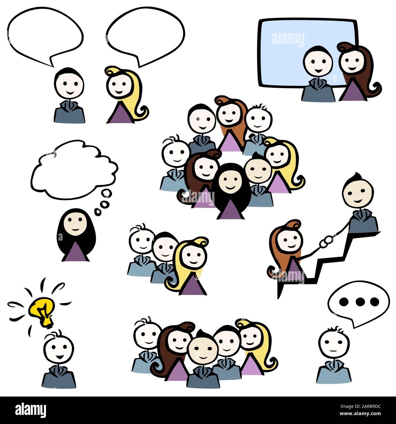 set 9 icons stick person female male colorful speach ballon stair light ...