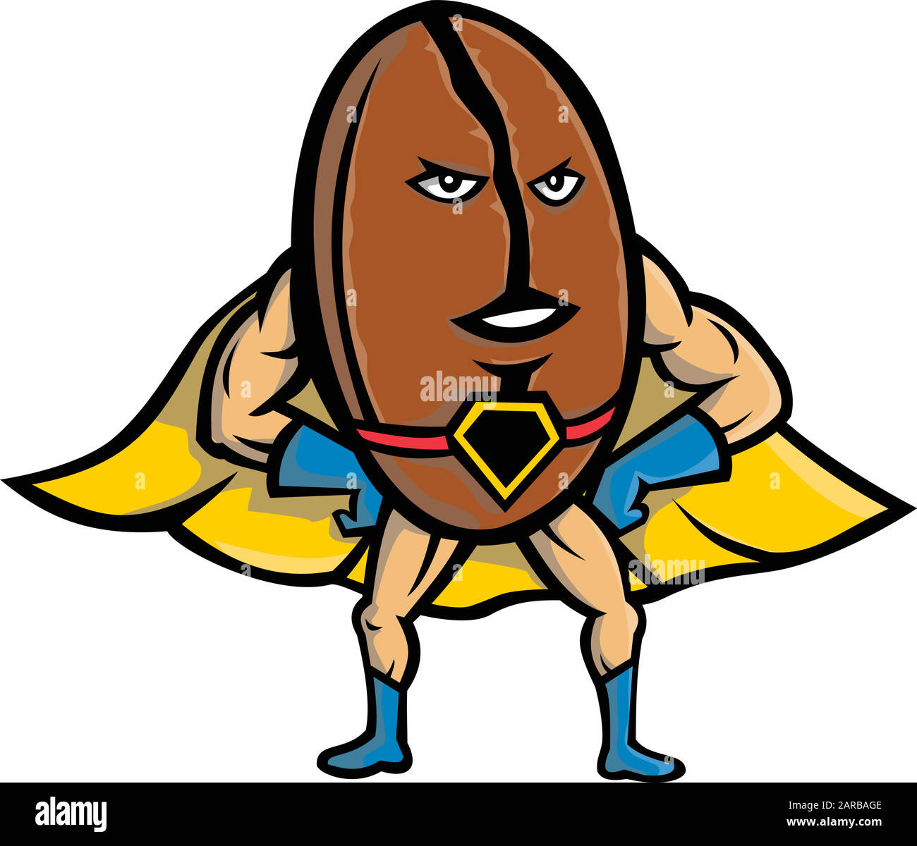 Mascot icon illustration of a Coffee bean superhero wearing a cape with ...