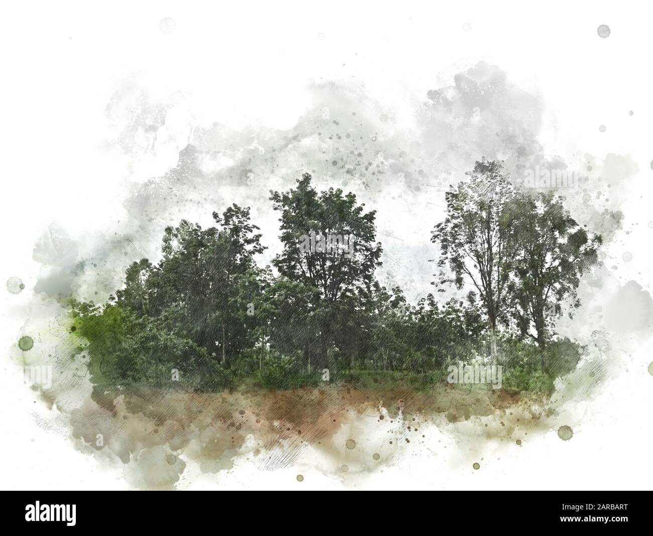 Abstract Colorful field and tree landscape on watercolor illustration ...