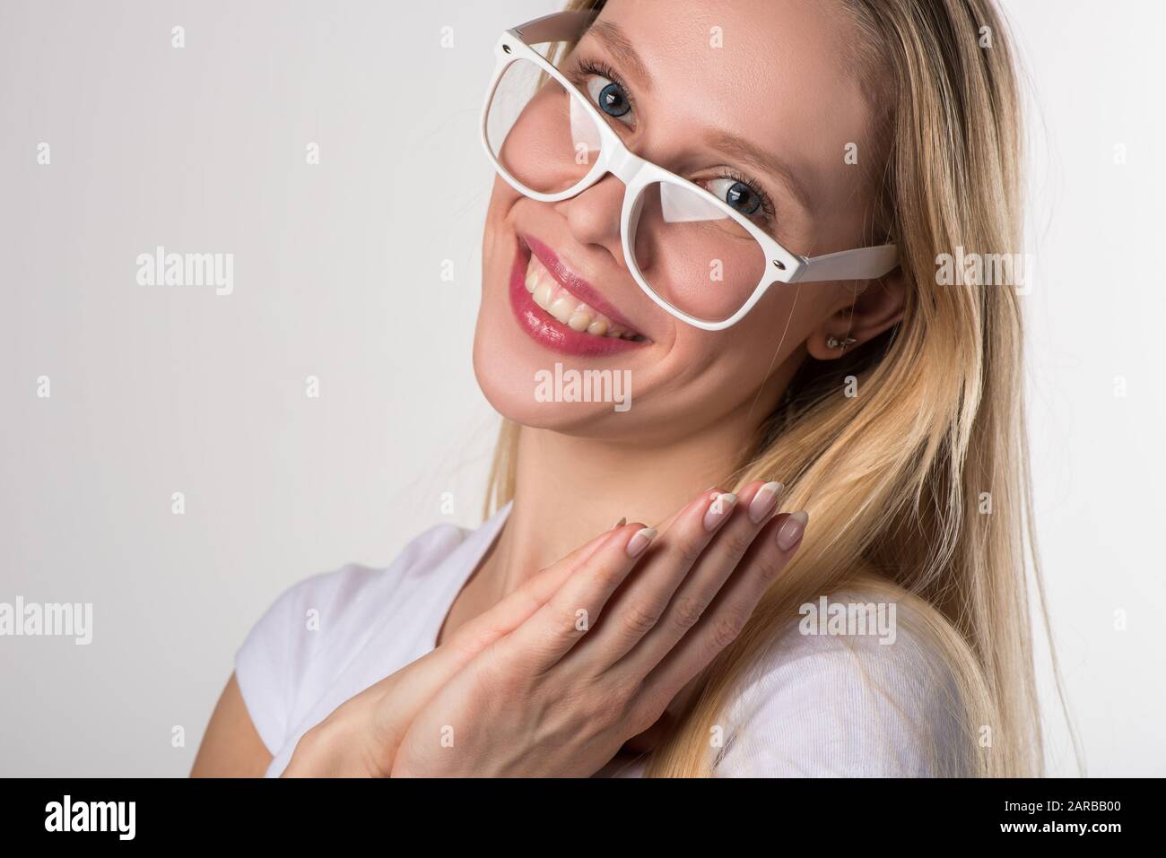 Woman rimmed glasses smile hi-res stock photography and images - Alamy
