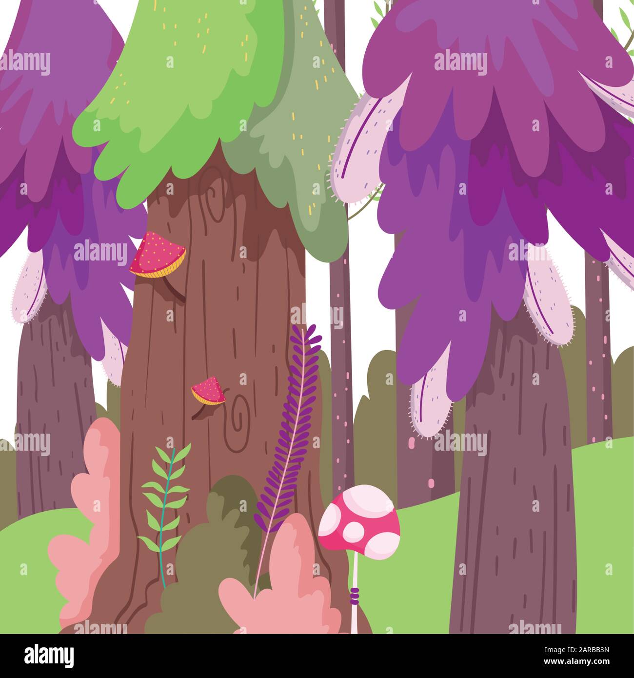 branches mushrooms trees forest landscape nature foliage theme vector ...