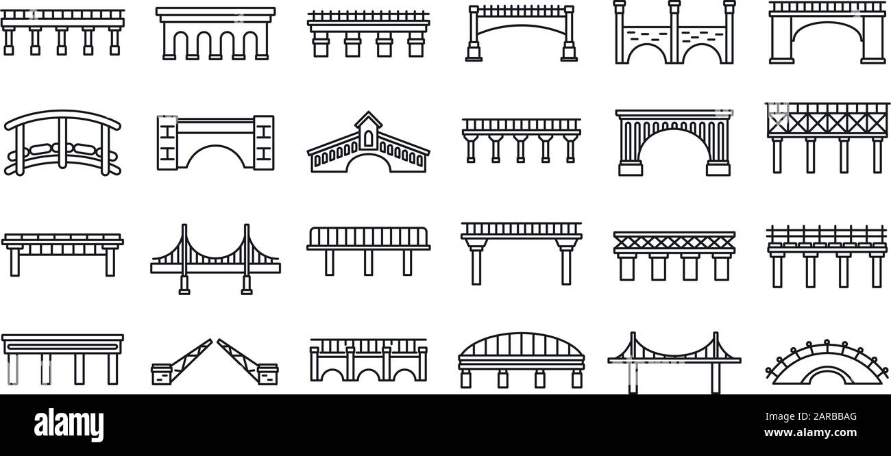 Bridges construction icons set. Outline set of bridges construction ...