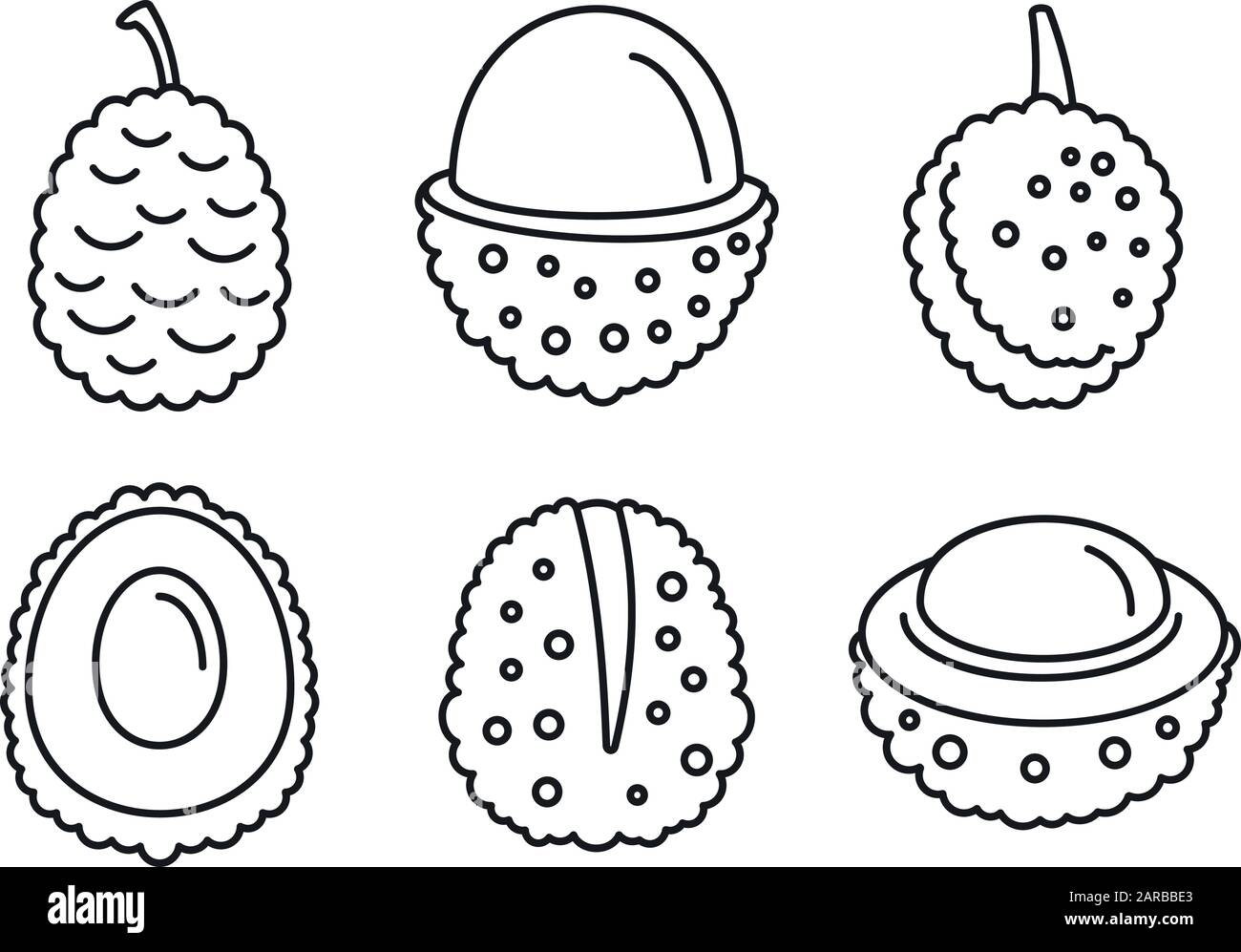 Asian lychees icons set. Outline set of asian lychees vector icons for ...