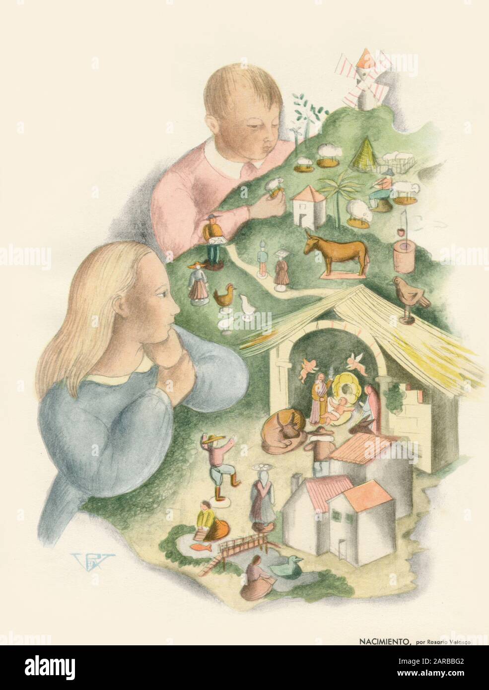 Two Spanish children with a nativity set Stock Photo - Alamy