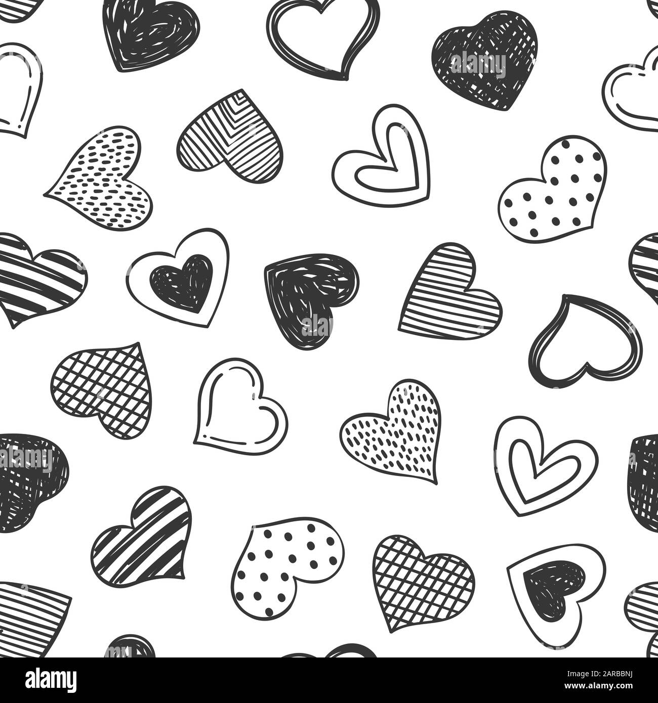 Doodles hearts seamless pattern. Hand drawn sketchy romantic monochrome ...